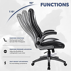 High Back Executive Office Chair-Ergonomic Bonded Leather Computer Chair with Flip-up Arms, Adjustable Tilt Tension, Padded Armrests, Swivel Rolling Home Desk Chair-Black,300lbs