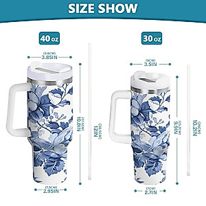 RPLIFE Blue and White Floral Tumbler with Handle and Straw, Stainless Water Bottle, Insulated Cups with Lids, Tumbler for Men