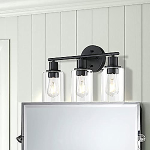 3-Light Modern Vanity Light Fixture, Matte Black Bathroom Wall Lights Over Mirror, Contemporary Minimalist Wall Sconces with Clear Glass Shade, Bath Room Mount Lamp for Bedroom, Living Room, Hallway