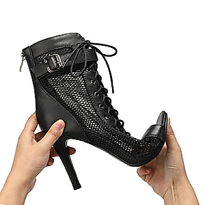TINRYMX Women Open Toe Dance Ankle Boots Dance Heels Lace-up Latin Salsa Bachata Ballroom Dance Shoes, DSK92-PM-Black-9.5, 11(M) US