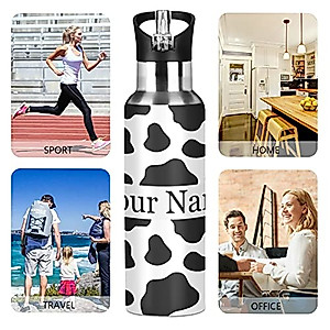 Custom Water Bottle Black and White Cow Print Stainless Steel Vacuum with Name Personalized Name Insulated Sport Bottle with Wide Handle