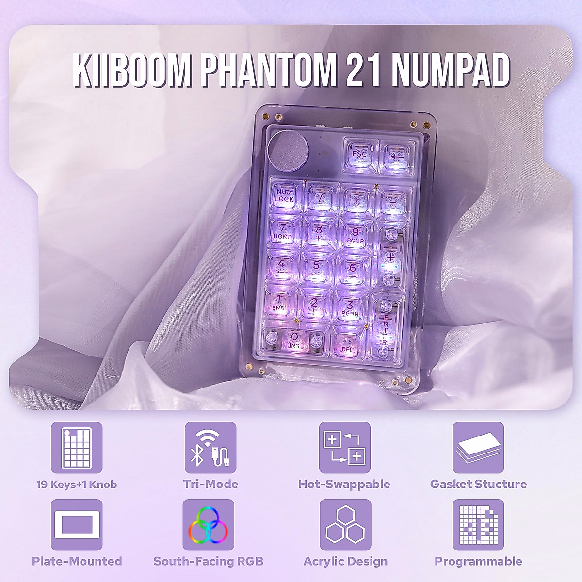 KiiBoom Phantom 21 Hot Swappable Crystal Acrylic Numpad, BT5.0/2.4GHz/USB-C Triple Mode NKRO Programmable Numeric Keypad with Knob, South-Facing RGB, 1900mAh Battery for Win/Mac (Purple)