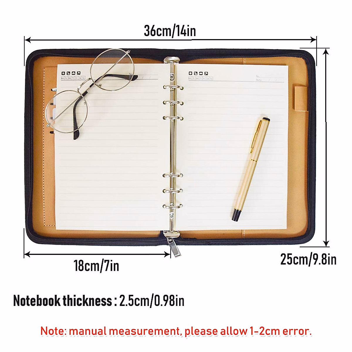 Marte Vanci A5 Padfolio with Calculator PU Leather Business Portfolio Zippered Conference Folder Organizer 6 Ring Lined Notebook Binder Loose Leaf Refillable Travel Journal Gift for Men (Black)