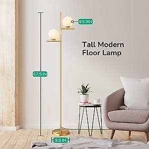 EDISHINE Dimmable Globe Floor Lamp, Mid Century Modern 2 Frosted Glass Globe Standing Lamps for Living Room, Stepless Dimming, Contemporary Brass Tall Pole Light for Bedroom, Study Room, Hotel-Gold