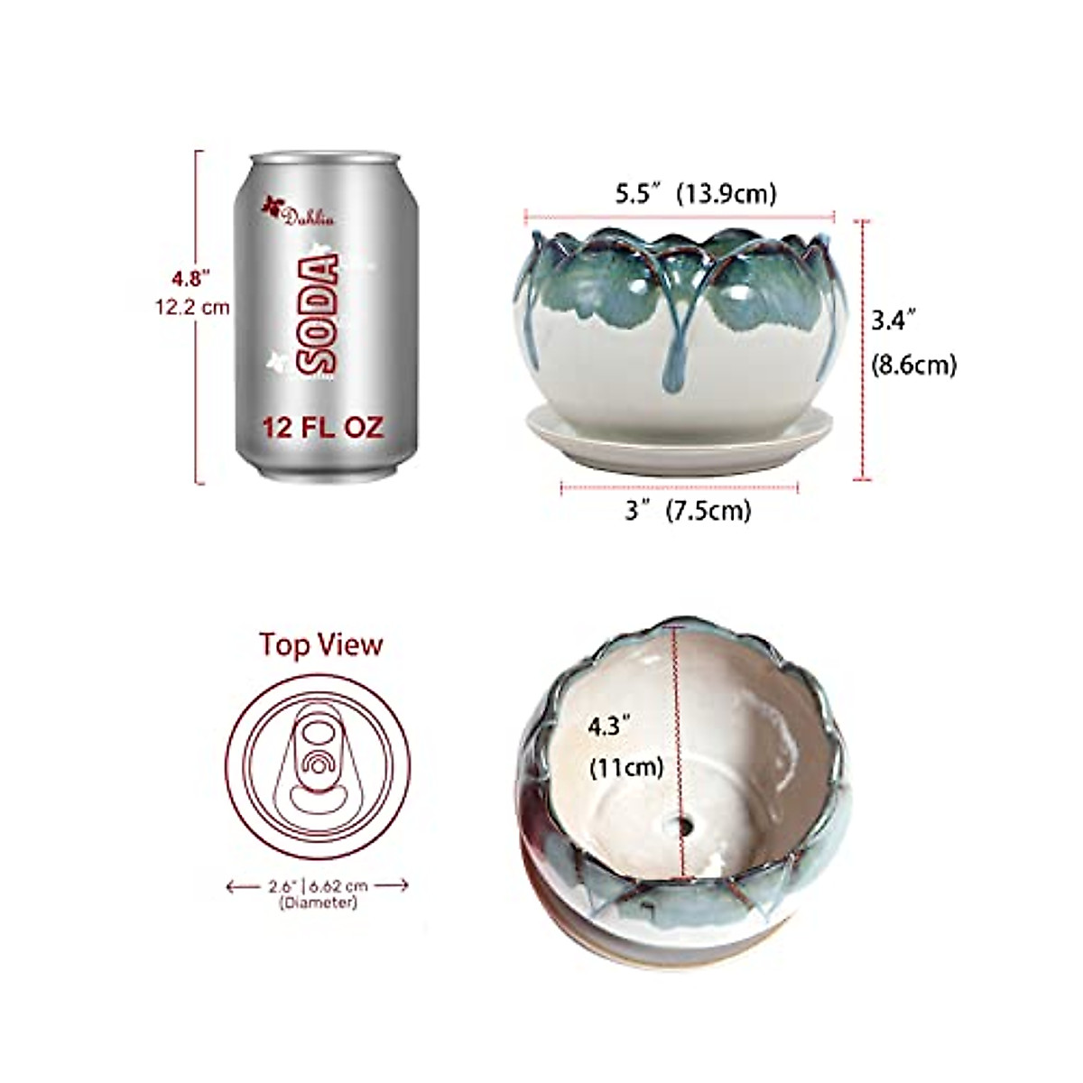 Dahlia 5.5'' Inch Rustic Drip Glazed Ceramic Planter/Succulent Pot/Plant Pot w. Saucer/Tray