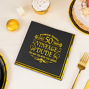 Crisky Aged 50 Years Vintage Dude Napkins Plates Cups Disposable Tableware Set of 24 for Men 50th Birthday Party Decorations Black Gold (9" Plates,7" Plates, Luncheon Napkins, 9oz Cups)