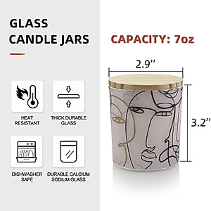 SHMILMH Frosted Glass Candle Jars for Making Candles with Wooden Lids, Thick Empty Candle Jars with Colored Abstract Human Faces in Bulk 6PCS 7OZ