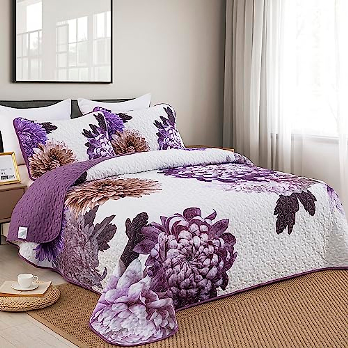 Dintszyayue Floral Quilt Set King Size, 3 Pieces Purple Flower Quilt Coverlet Set with 2 Pillowcases Lightweight Microfiber Bedspread All Season King 104"x90"