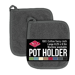 Ritz Terry 100% Cotton Potholders - Heat Resistant, Ergonomic Grip, Machine Washable - Graphite, 2-Pack
