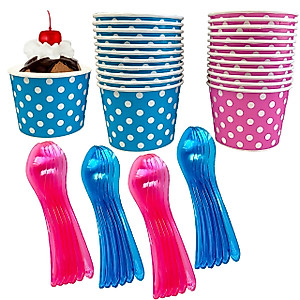 Outside the Box Papers Gender Reveal Ice Cream Party Kit - 12 Ounce Pink and Blue Dessert Treat Cups - Heavyweight Plastic Spoons - 24 each Cups and Spoons