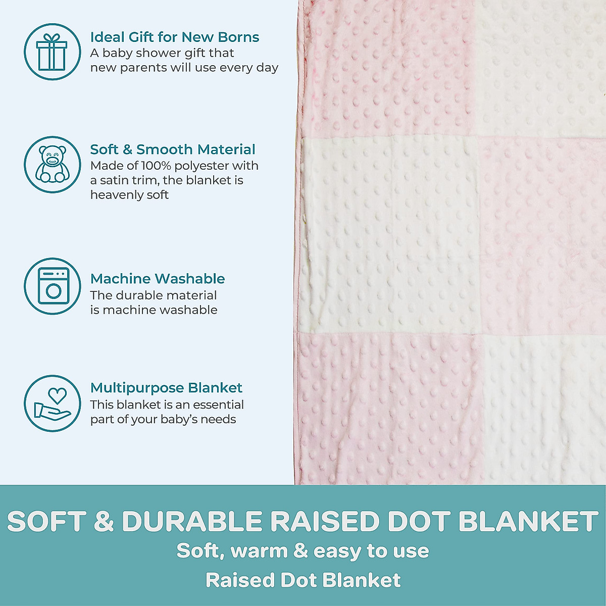 Spasilk Raised Dot Blanket, Baby Blanket with Satin Trim, Minky Baby Blanket, Pink