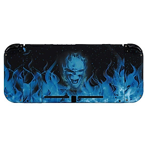 eXtremeRate DIY Replacement Shell Buttons for Nintendo Switch, Soft Touch Back Plate for Switch Console, Custom Housing Case with Full Set Buttons for Joycon Handheld Controller - Blue Flame Skull