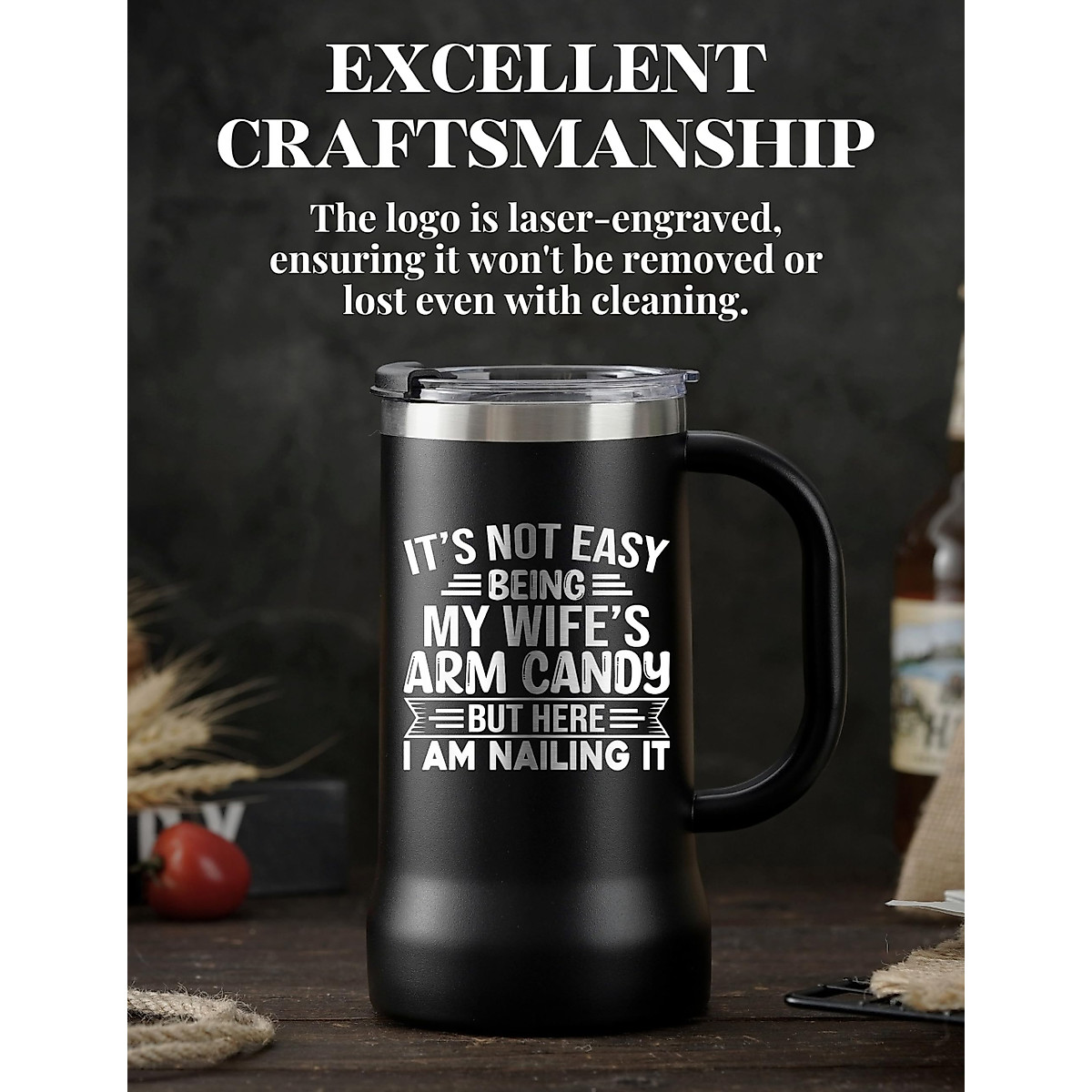 Onebttl Husband Gifts Funny Beer Stein, 24oz Stainless Steel Beer Mug with Lid for Valentine Father's Day, Christmas - Arm Candy