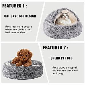 HYQ Small Dog Bed with Cover Cave, Cozy Cat Cave Bed, Round Puppy Bed with Hooded Cover, Cat Beds for Indoor Cats Washable, Dog Beds for Small Dogs with Anti-Slip Bottom (Grey, 20×20 Inch)