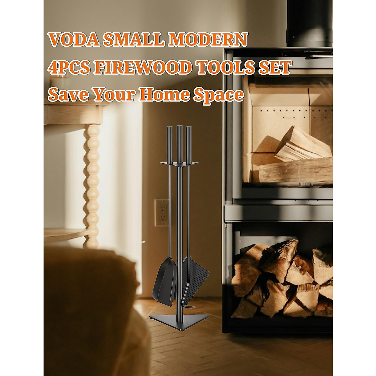 VODA Fireplace Tools Set, 4 Pcs 22.8 Inch Fireplace Tools Black Cast Iron Small Outdoor/Indoor Fireplace Accessories with Poker, Shovel, Broom, Fireplace Tool Stand