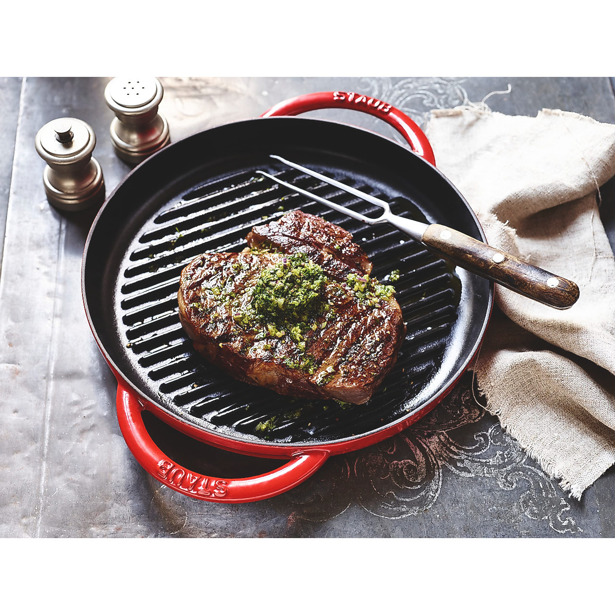 STAUB Cast Iron Pure Grill, 10-inch, Cherry, Made in France