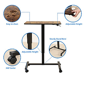 Mobile Standing Desk, 28x20 Pneumatic Laptop Height Adjustable Sit to Stand Table with Lockable Wheels and Gas Spring Riser (Rustic Brown)