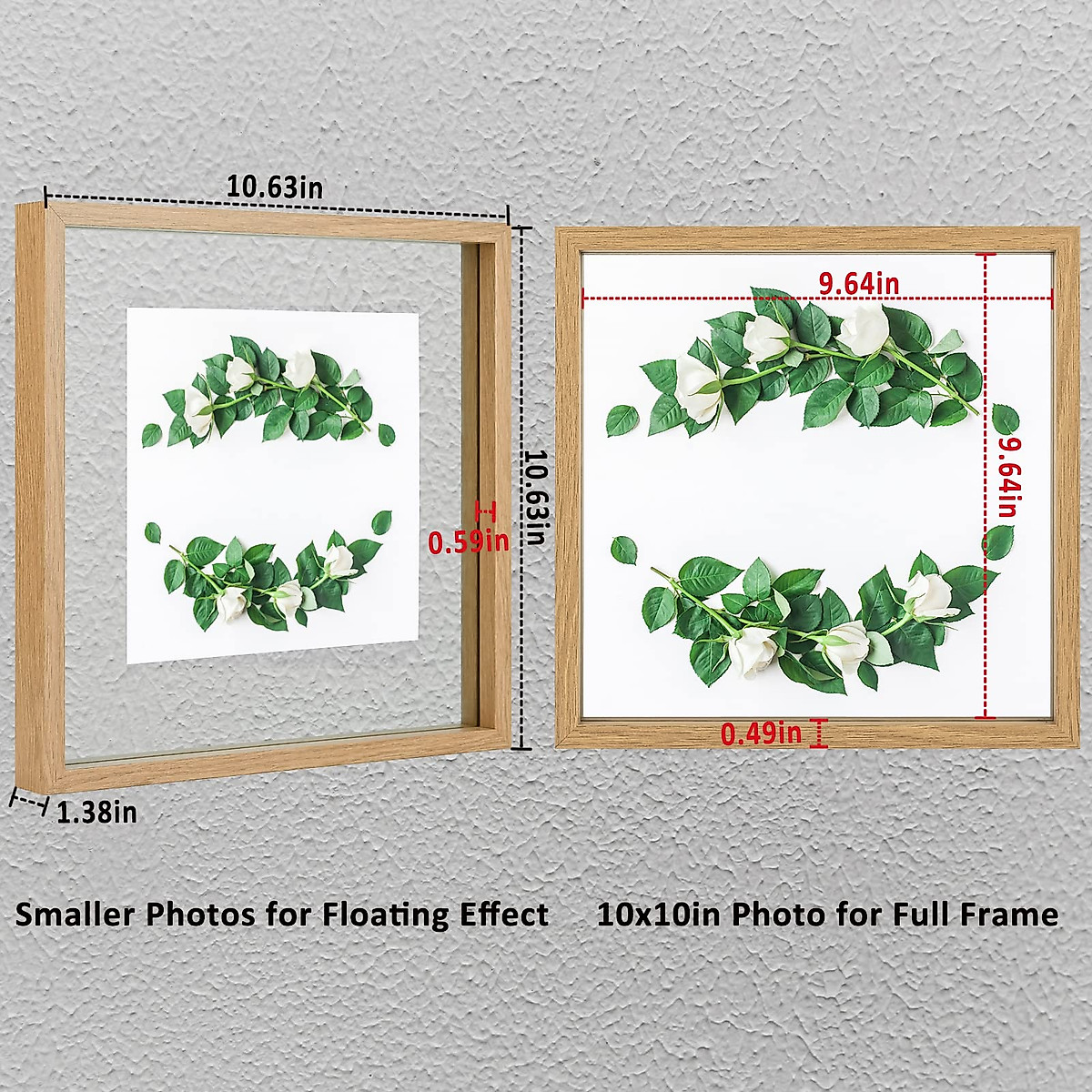 MUYE 10x10 Floating Frame Set of 2,Double Glass Square Photo Frame,Display Any Size Photo up to 10x10,Wall Mount or Tabletop Standing,Natural