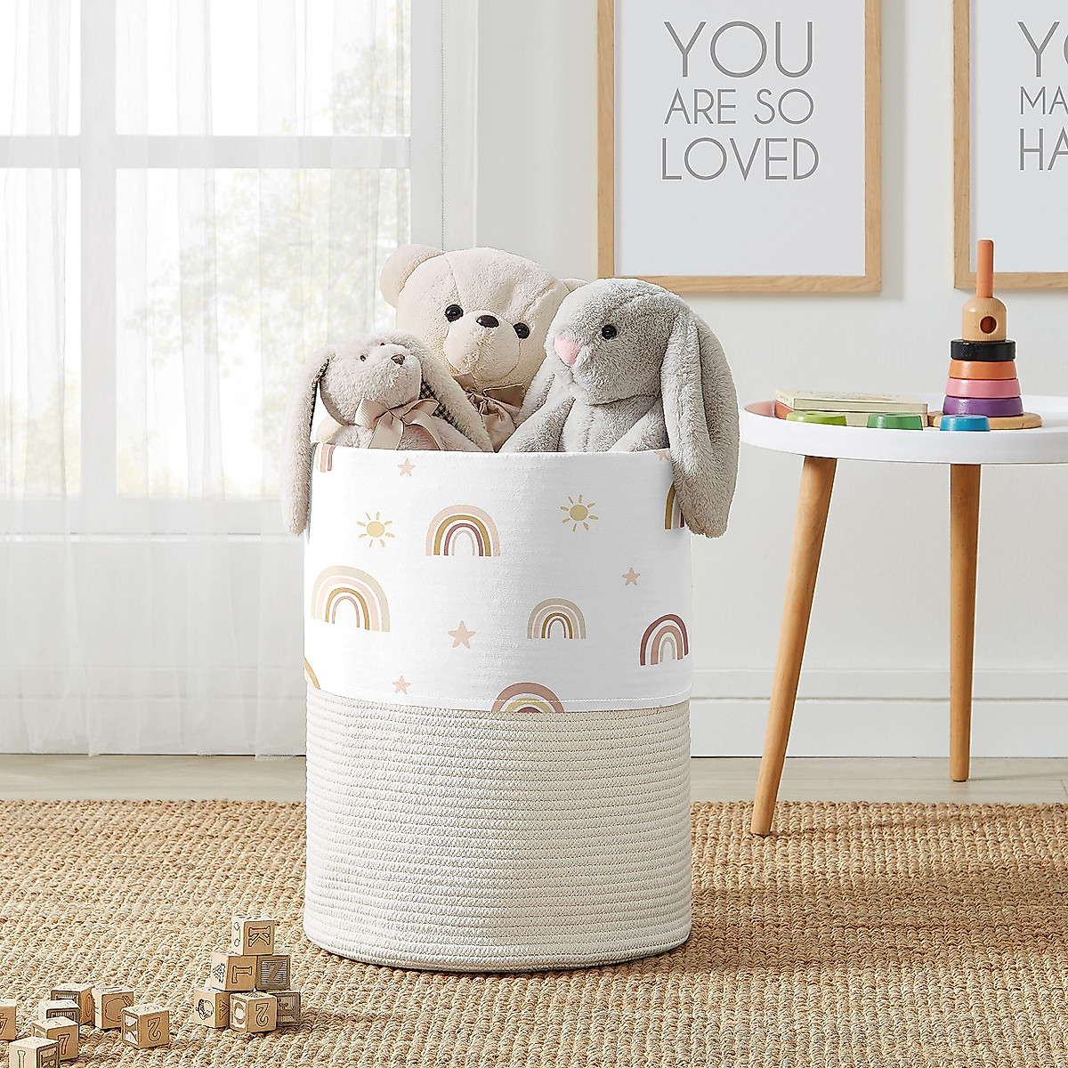 Sweet Jojo Designs Boho Rainbow Girl Woven Laundry Basket Hamper Cotton Rope Storage Bin Dirty Clothes Toys Closet Organizer Removeable Liner Blush Pink Yellow Tan Bohemian Modern Vintage Gold Neutral