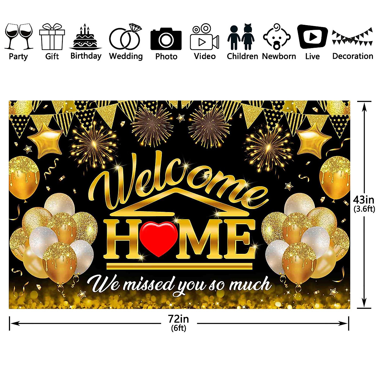 Swepuck 72x43inch Fabric Welcome Home Photography Backdrop Black Gold Family Reunion Background We Missed You So Much Party Decorations Banner Photo Shoot Props
