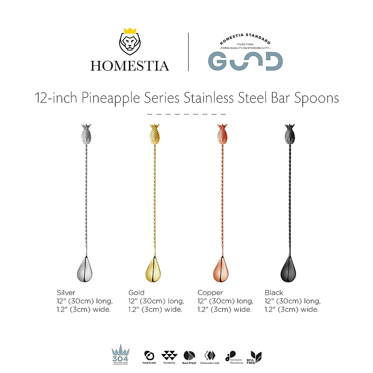 Homestia 304 Stainless Steel Mixing Spoon, Alloy Pineapple Decorative 12 Inches Bar Spoon with Spiral Pattern Long Handle, High-End Drink Stirrers, Cocktail Stirrer for Layering Drinks (Silver)