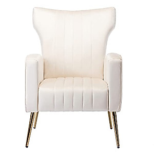 KCC Velvet Accent Living Room Chairs Set of 2, Mid Century Armchair with High Back for Bedroom, Upholstered Single Sofa with Golden Metal Legs,Cream