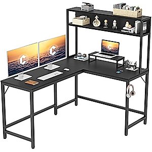 CubiCubi L-Shaped Desk with Hutch,59" Corner Computer Desk,Home Office Gaming Table Workstation with Storage Bookshelf,Dark Black