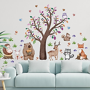 Suplanet Woodland Animals Wall Decals Tree Wall Stickers Fox Squirrel Deer Hedgehog Rabbit Bear Owl Raccoons Wall Decor for Boys Bedroom Baby Nursery Kids Bedroom Living Room