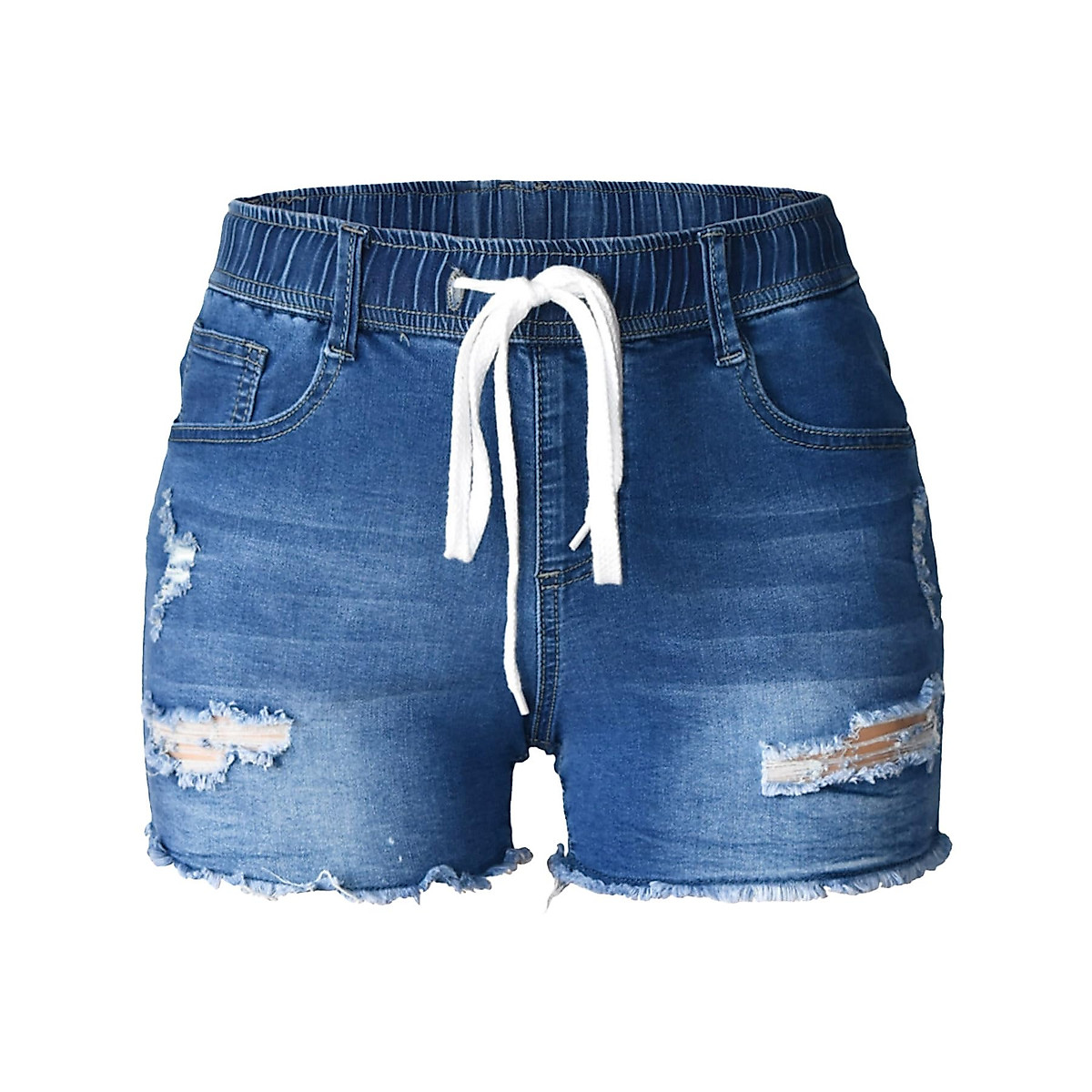 Atditama Women's Elastic Drawstring Waist Skinny Stretch Slim Mid-Waist 3" Inseam Ripped Distressed Ultra Short Jeans Blue US 16