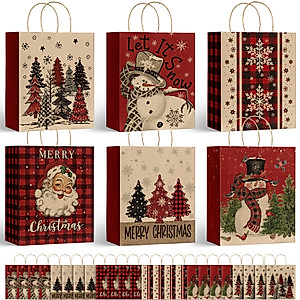 Horaldaily 24 Christmas Gift Paper Bags Bulk with handles Wrapping, Buffalo Plaid Santa Christmas Trees Snowman Xmas Holiday Presents(24 Large)