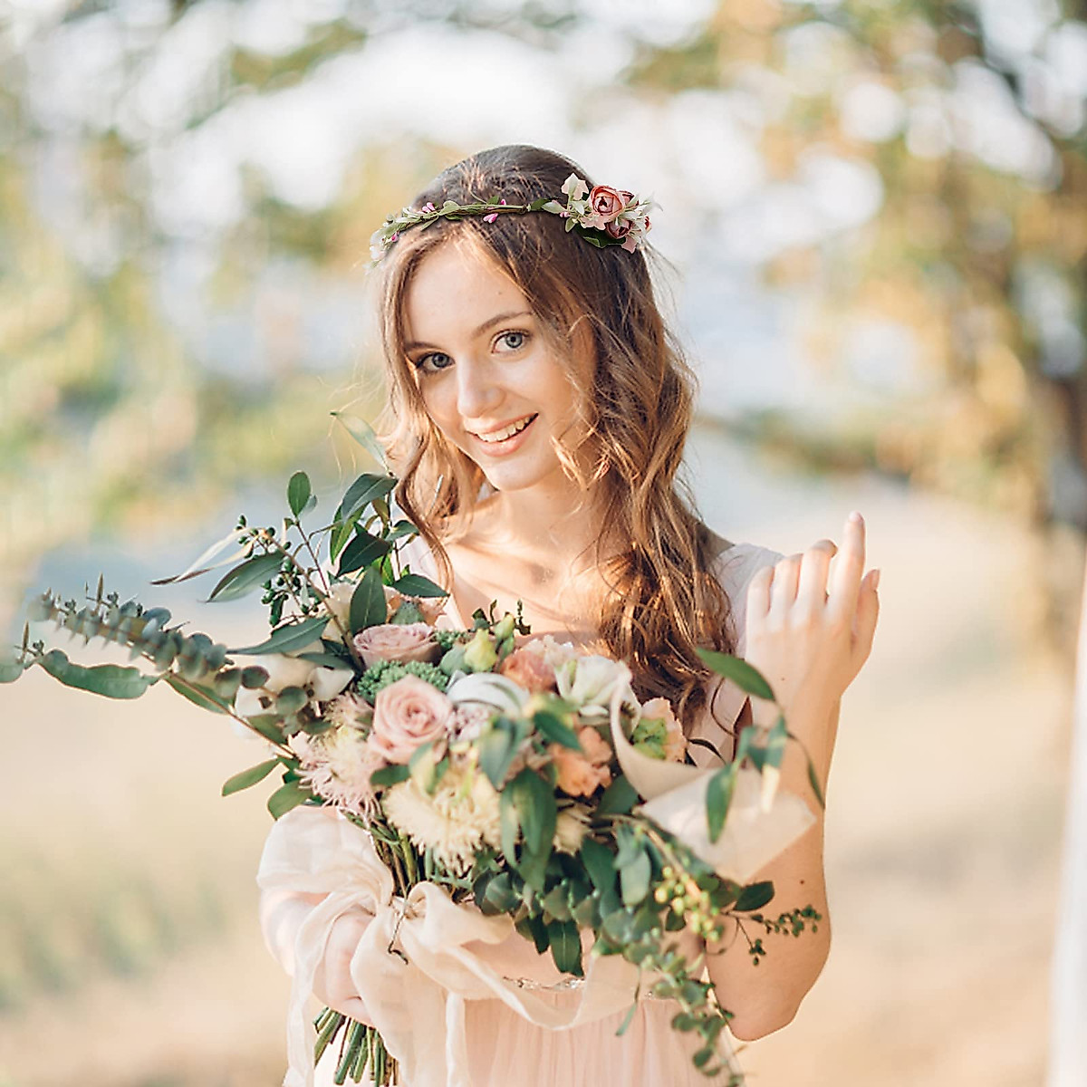 YISSION Pink Flower Crown floral Wreath Headband Flower Women Girl Headpiece Hair Accessories for Wedding Photo Shoot Festivals