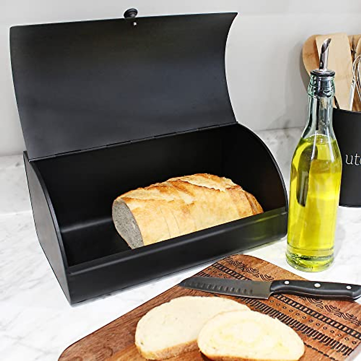 AuldHome Farmhouse Black Bread Box; Retro Vintage Style Enamel Countertop Bread Bin