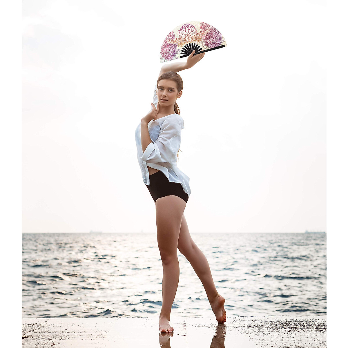 Bohemian Lotus Zen UV Glow Folding Hand Fan Boho Mandala Fan Trippy Yoga Fans Iridescent Hippie Theme Fan for Men and Women Chinese Bamboo Fan for Parties and Events