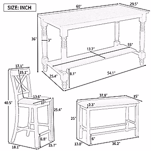 WOZNLA 6-Piece Counter Height Dining Set - Rectangular Wood Table with Shelf, 4 Upholstered Chairs, 1 Bench - Ideal for Kitchen and Family Dining