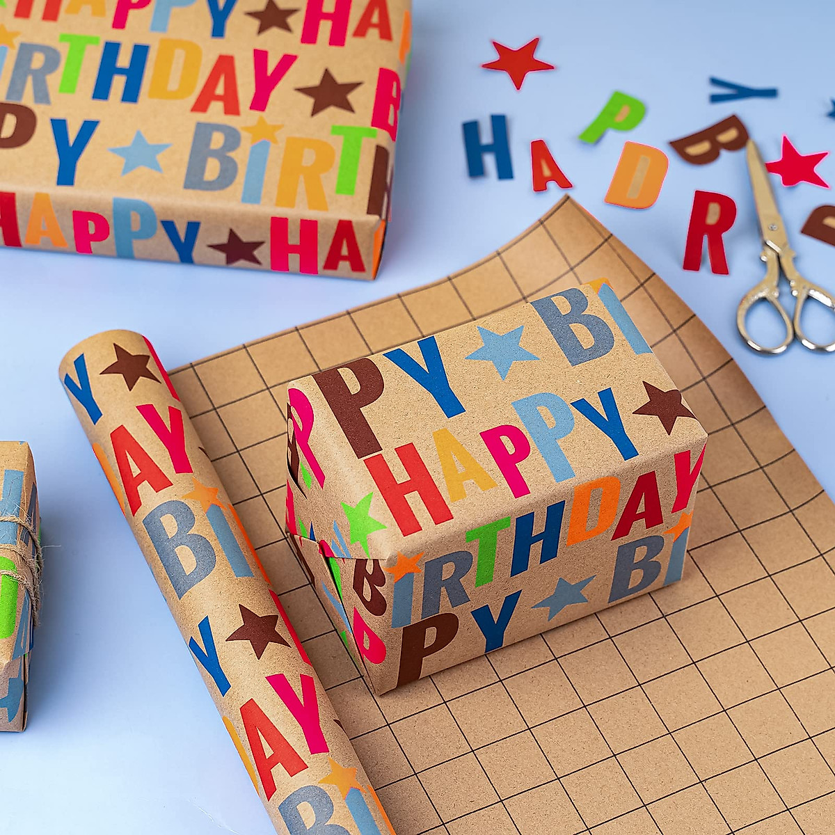 BIOBROWN Kraft Wrapping Paper Roll Colorful Text Happy Birthday Design Perfect for Birthday Holiday Wrap 17 inch X 33 feet
