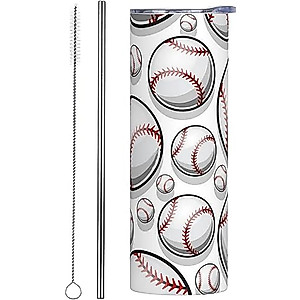 Stainless Steel Skinny Tumbler Baseball Pattern Travel Cup 20 Oz Double Wall Slim Insulated Coffee Mug With Splash Proof Lid & Straw & Cleaning Brush For Home Office
