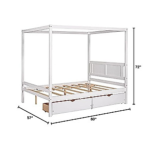 MOEO Full Size Canopy Platform Bed with 2 Drawers, Slat Support Leg, Wood Bedfram w/Guardrail for Kids, Adults, No Spring Box Required, White