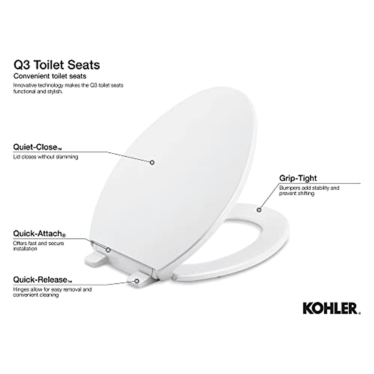 KOHLER 75758-0 Cachet Nightlight Quiet-Close with Grip-Tight Round-Front Toilet Seat in White