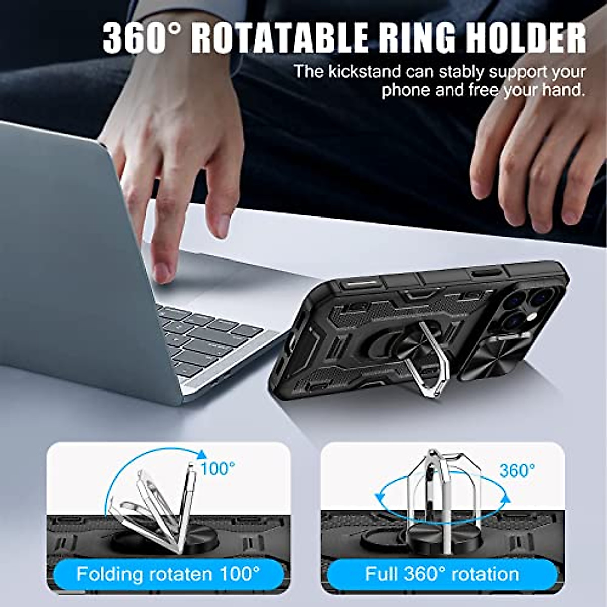 Caka for iPhone 14 Pro Max Phone Case with Stand & Slide Camera Cover & Belt Clip Holster, Built-in 360° Rotate Ring Holder Magnetic Protective Phone Case for iPhone 14 Pro Max 2022 - Black