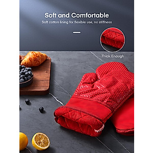Oven Mitts, Heat Resistant Kitchen Oven Gloves 572°F, Non-Slip Silicone Surface, Extra Long Flexible Thick Mitts for Kitchen, Cooking, Baking, BBQ, Grid Red
