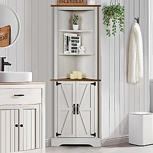4 EVER WINNER Tall Corner Cabinet, Corner Storage Cabinet with Shelf and Barn Door, 5-Tier Corner Cabinet with Doors for Small Space, Bathroom, Living Room, Hallway, White