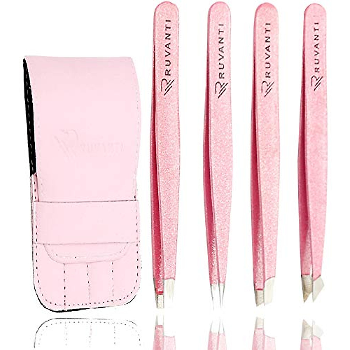 Ruvanti Tweezers 4 Pieces Set for Men/Women - Best for Plucking Eyebrow Facial & Ingrown Hairs, Slant Tip Pointed Straight & Precise - Pink