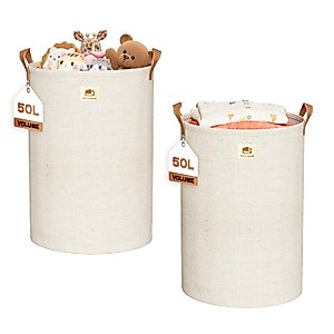 2Pack Linen Fabric Laundry Basket, 50L Baby Hamper for Nursery, Waterproof Storage Baskets for Toys, Dirty Clothes, Blankets, Kid Laundry Baskter for Bedroom, Living Room and Nursery, Beige