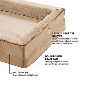 Codi Large Memory Foam Layer Dog Bed, Washable Orthopedic Dogs Beds Couch with Removable Zipper Cover, Waterproof Pet Sofa with U-Shape Bolster, Khaki, 91x68x(7.5+8.9) cm
