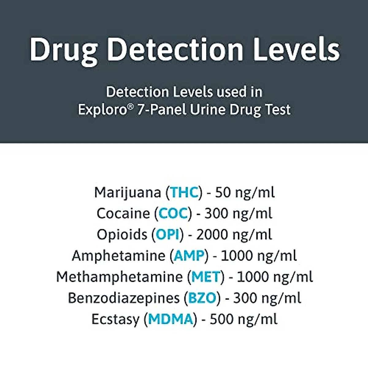 Exploro at Home Drug Test Kit for All Drugs (Most Used). 7-Panel Urine Drug Test. Marijuana (THC), Cocaine, Opiates, Amphetamine, Methamphetamine, Benzos (BZO), Ecstasy (MDMA). 5 Dip-Cards with Cups.