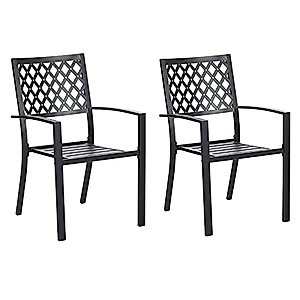 MFSTUDIO Black Metal Patio Stacking Chairs Wave Back Indoor Outdoor Dining Set Wrought Iron Chair with Arm, Set of 2