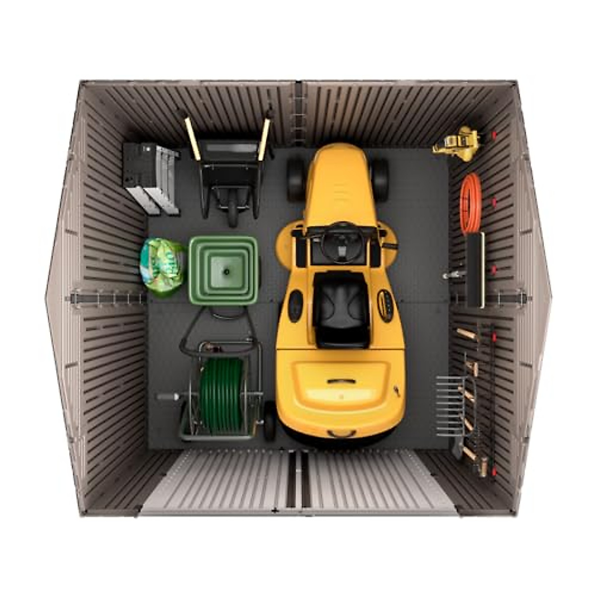 Rubbermaid Large Resin Outdoor Storage Shed With Floor (7 x 7 Ft.), Weather Resistant, Brown, Organization for Home/Lawn Mower/Backyard Equipment/Bike Storage/Pool Supplies