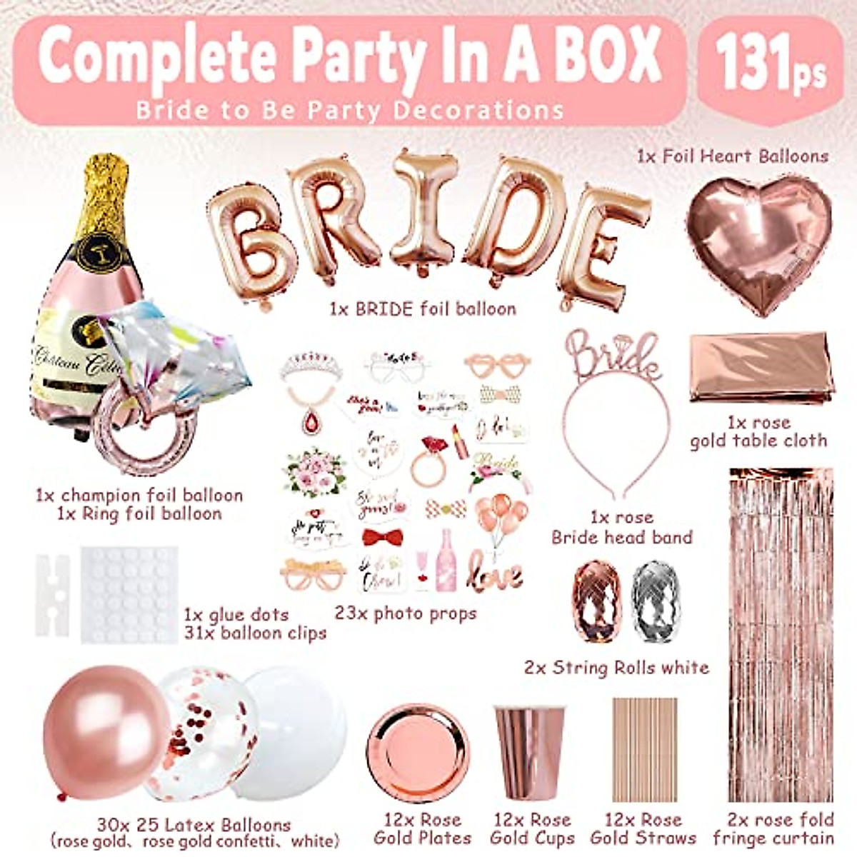 PARTY SPOT! 131 PCS Rose Gold Bachelorette Party Decorations Kit for Girls Women, Bridal Shower Decorations Set, Balloons, Plates Cups Straws for Guests