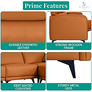 Naomi Home High Back Sectional Sofa, Pet-Friendly and Easy to Clean Oversized L-Shaped Sofa with Ottoman, Convertible Couch with Headrests and Armrest Pillows for Living Room or Apartment, Caramel