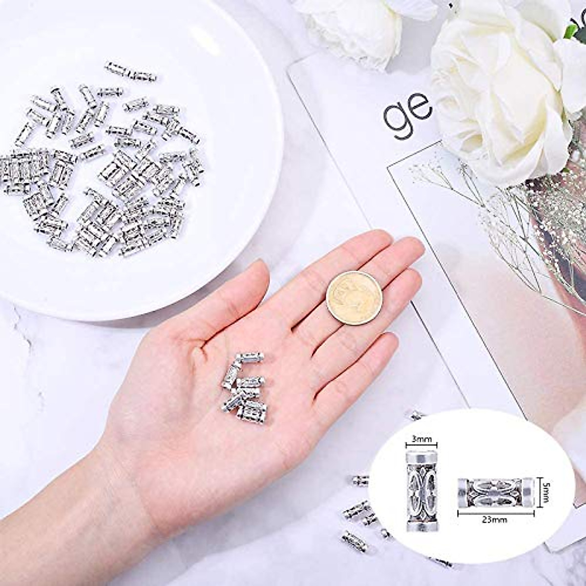 PH PandaHall 100pcs Column Spacer Beads Tibetan Tube Beads Alloy Antique Silver Metal Jewelry Spacers Loose Beads Charms for Bracelet Necklace DIY Jewelry Making, 13x5mm, Hole: 3mm